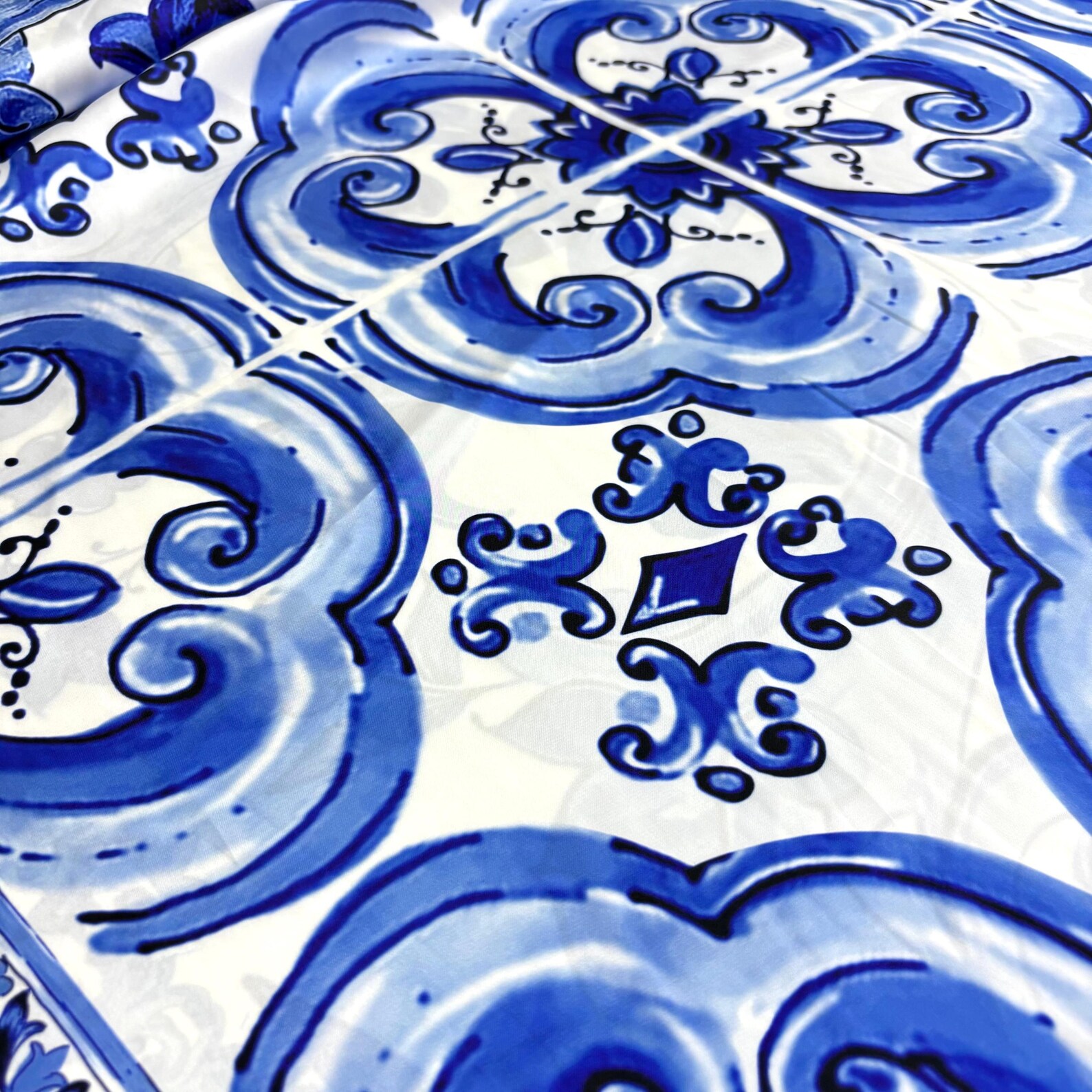Blue Watercolor Italian Abstract Satin Fabric:dressmaking,blouses ...