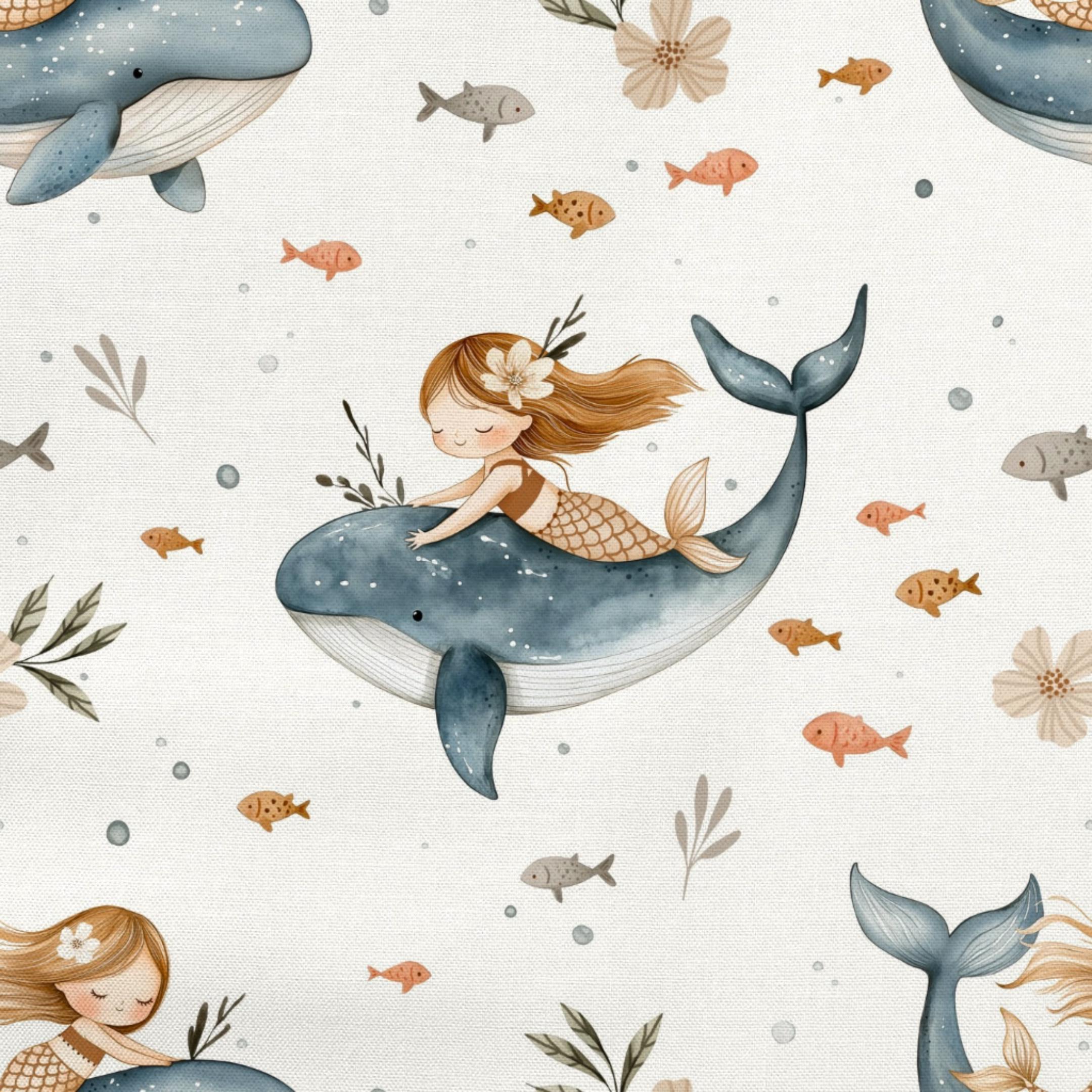 Preorder by Yard Mermaid With Whales Fabric Custom Printed - Etsy