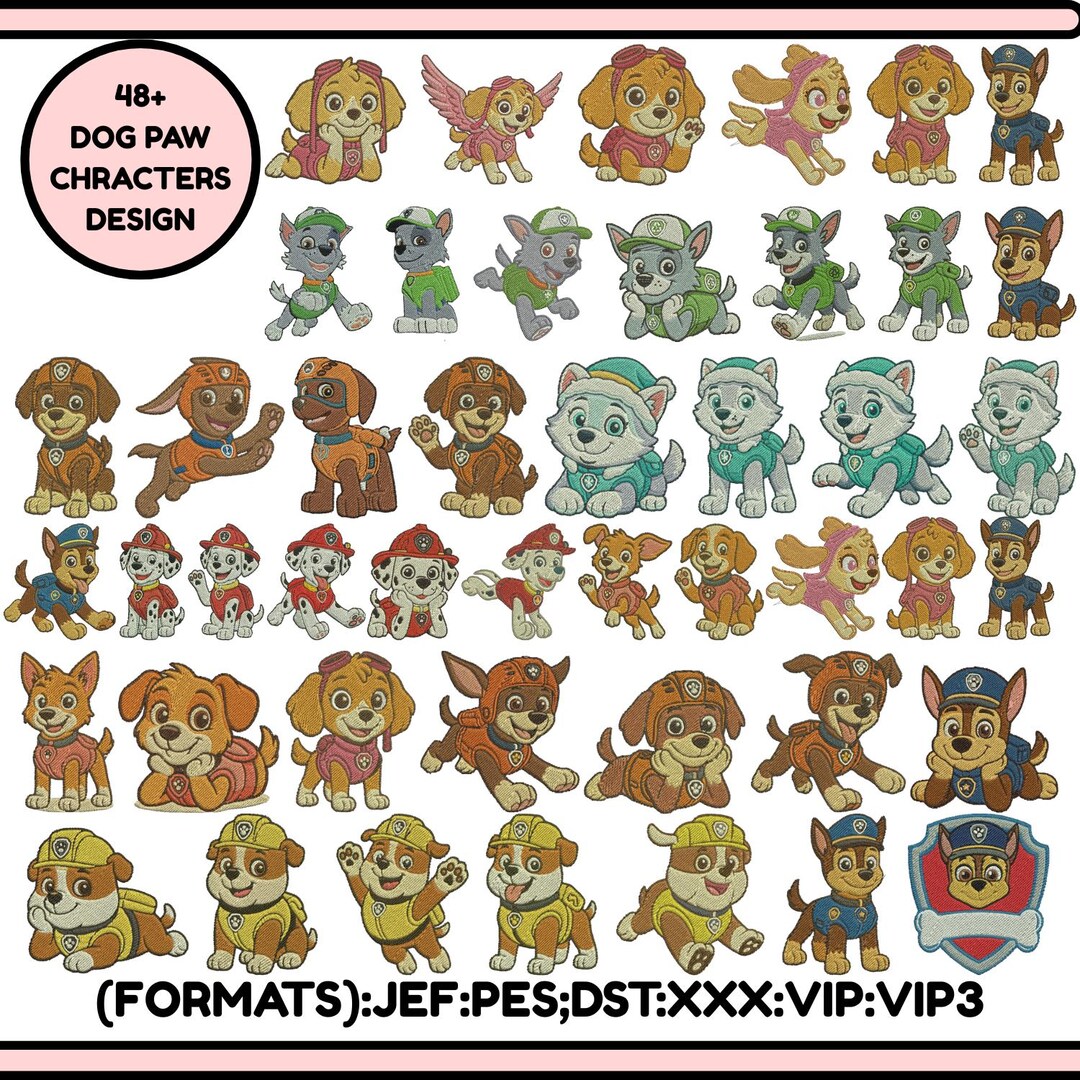 Cute Dog Paw Patrol Machine Embroidery Designs Bundle Cartoon Dog Paw ...
