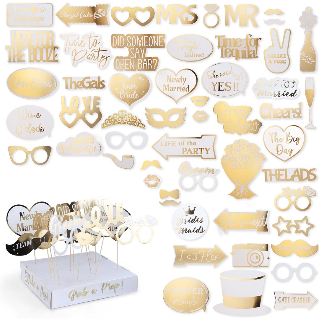 Wedding Photo Booth Props Set – 60 Pc Gold & Pastel Pre-assembled Kit ...