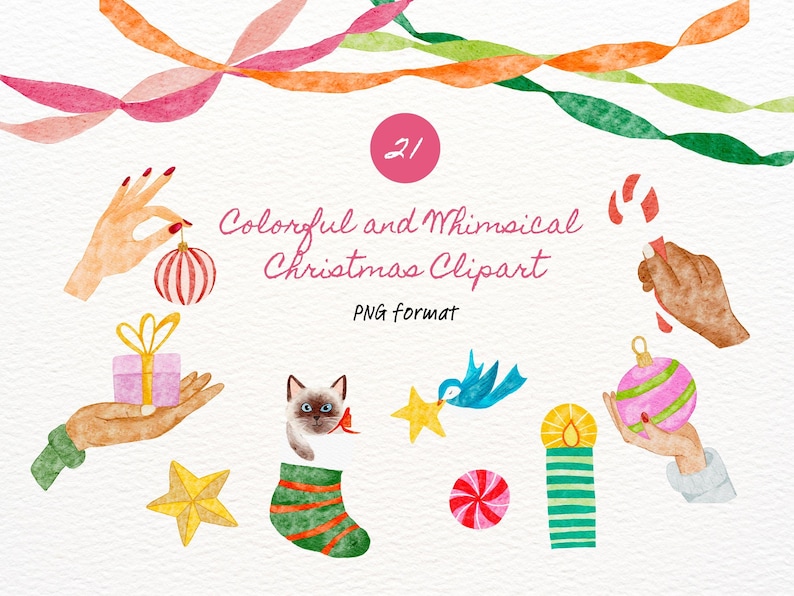 Colorful Christmas Clipart, Hand Drawn Watercolor Christmas Icons for ...