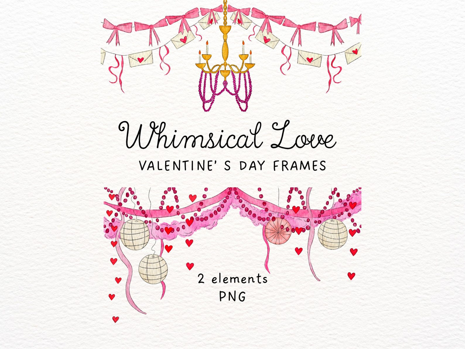 Whimsical Valentine Clipart, Hearts Bow Frames, Hand Drawn Watercolor ...