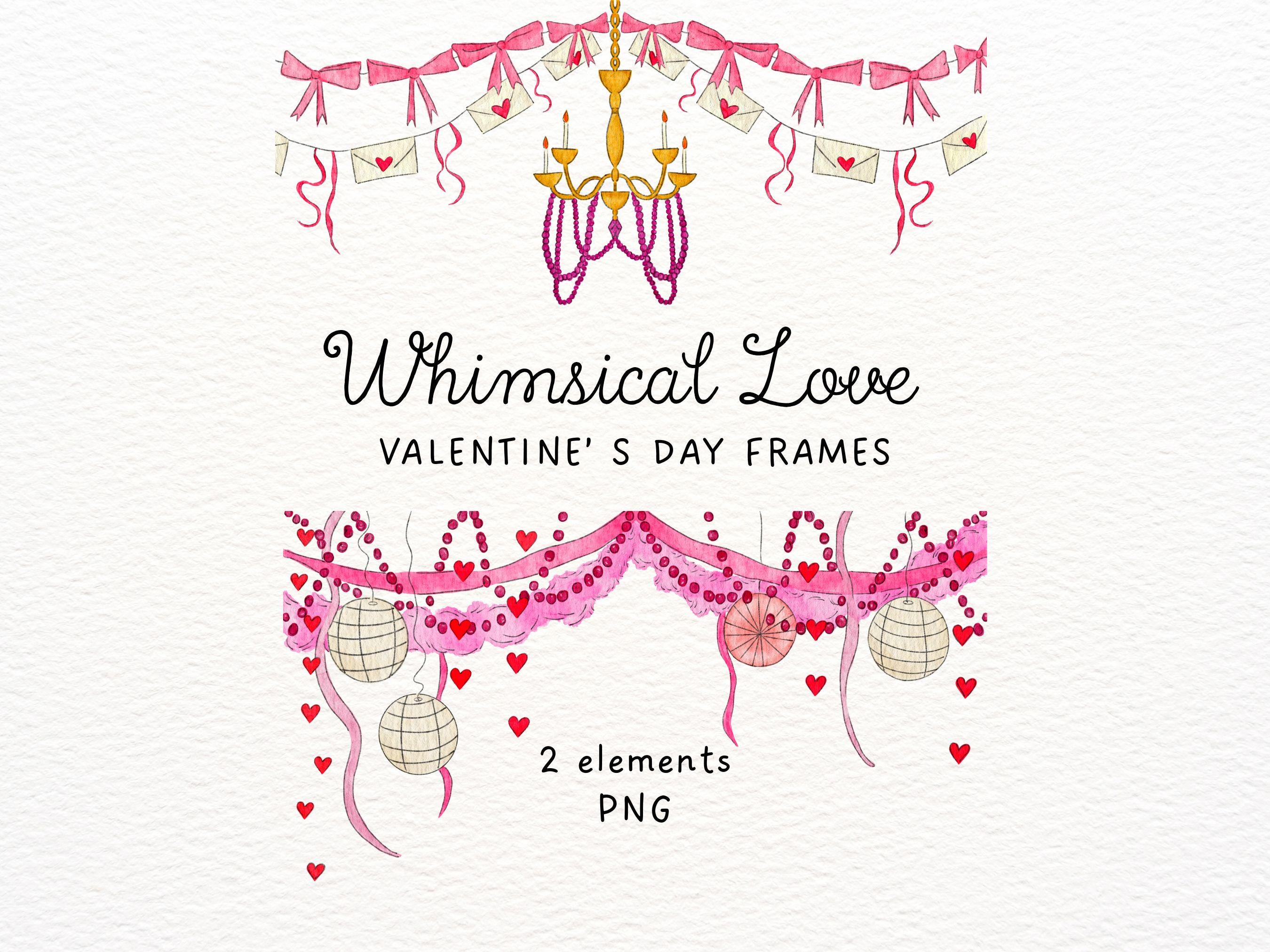 Whimsical Valentine Clipart, Hearts Bow Frames, Hand Drawn Watercolor ...
