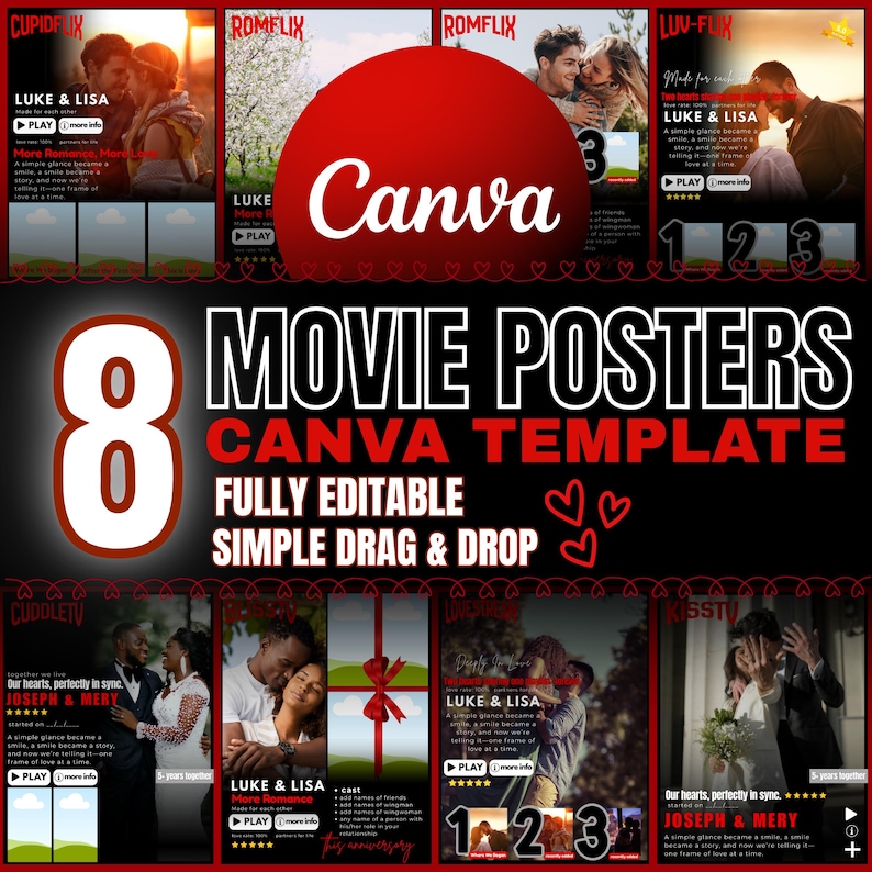 Movie Poster Templates, Canva Editable 8.5x11, Romantic Style Set of 8 ...