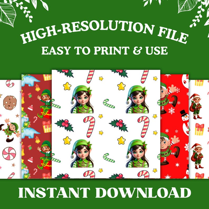 Digital Paper Pack 12x12, Christmas Elf Patterns, Set of 100, Printable ...