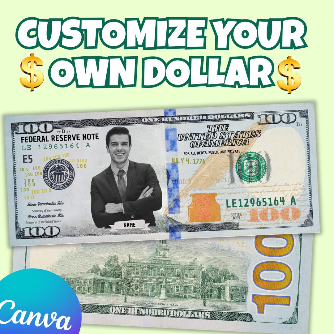 Custom 100 Dollar Bill Canva Template – Editable Photo Money, Front and ...
