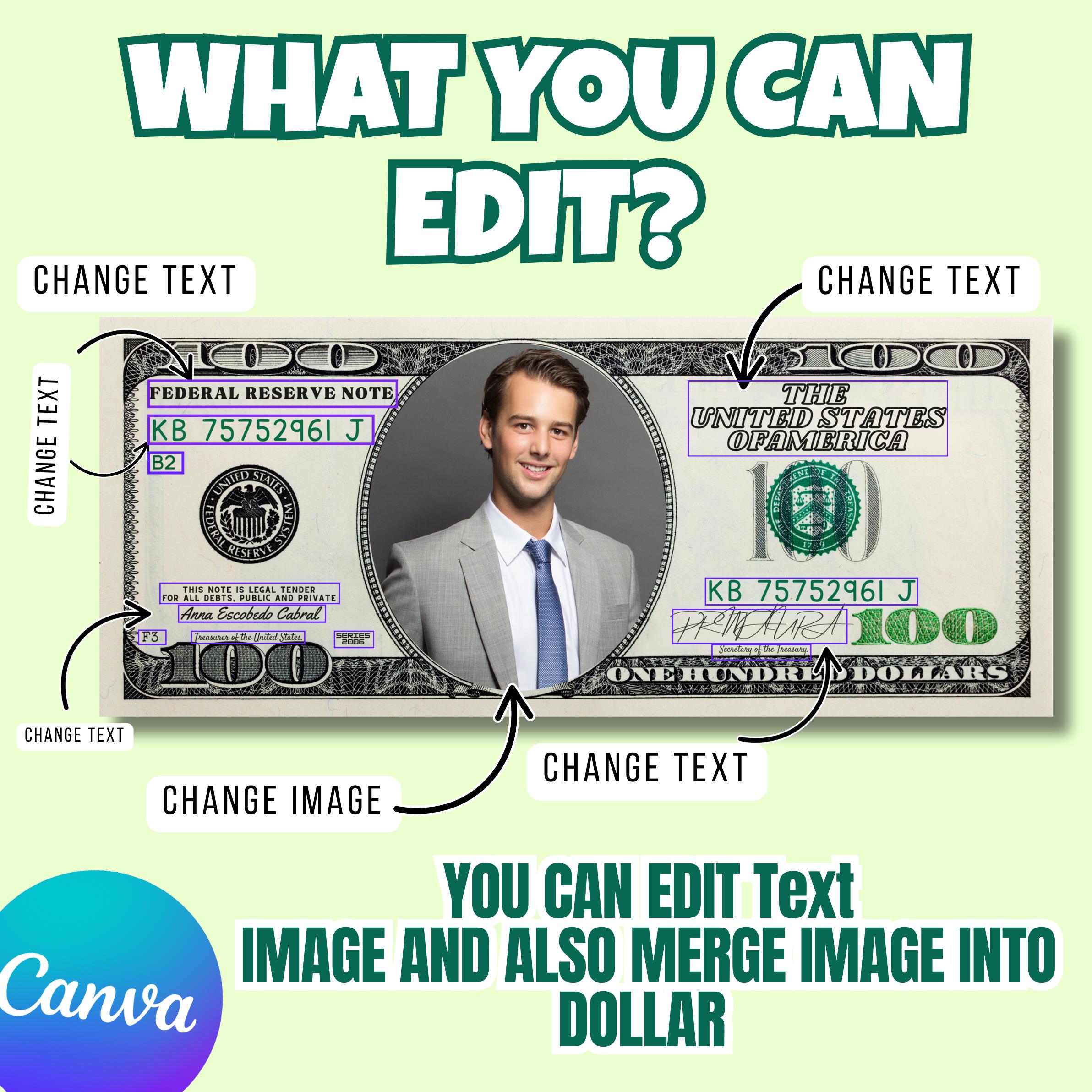 Custom Dollar Bill Canva Template Add Your Face and Name Editable ...