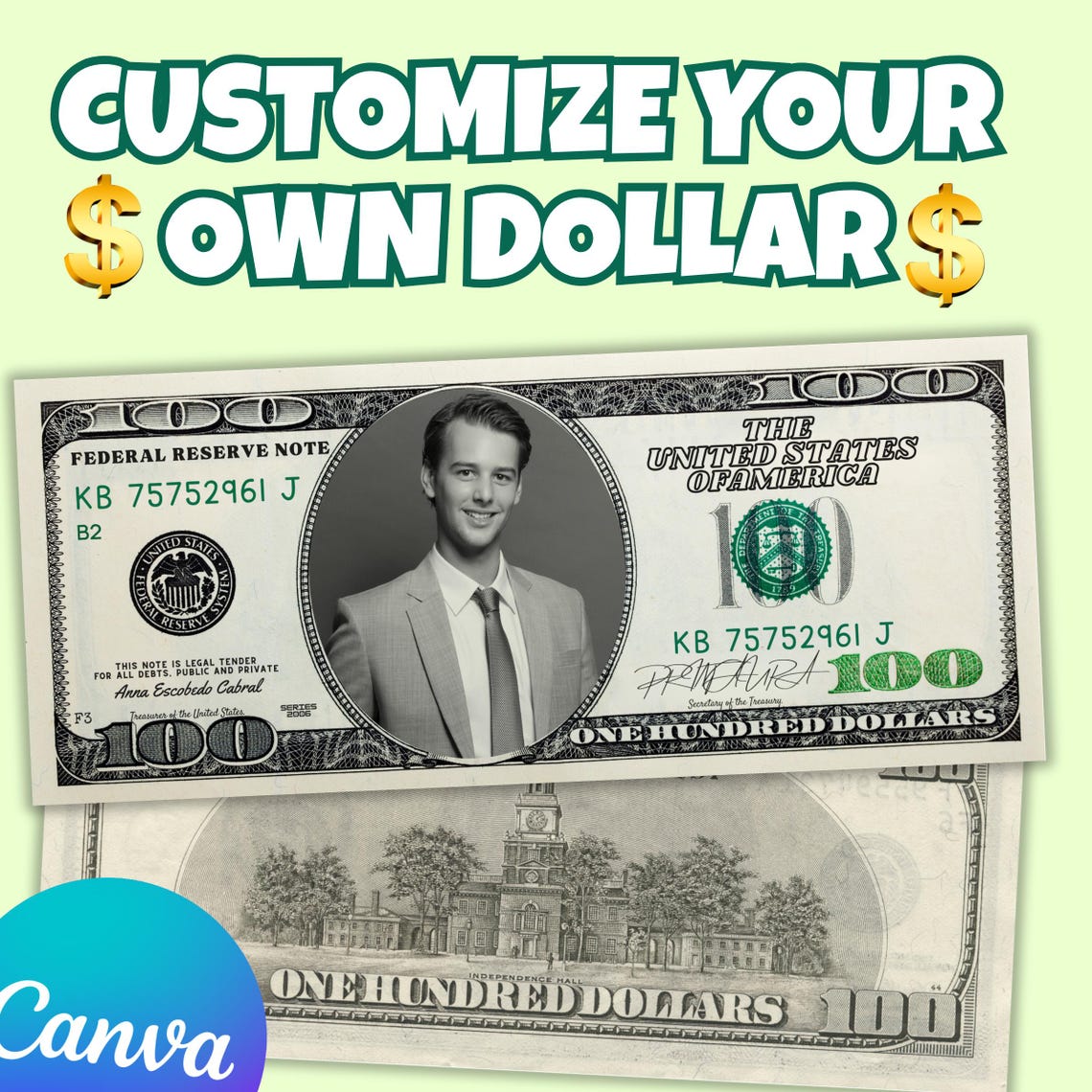 Custom Dollar Bill Canva Template Add Your Face and Name Editable ...