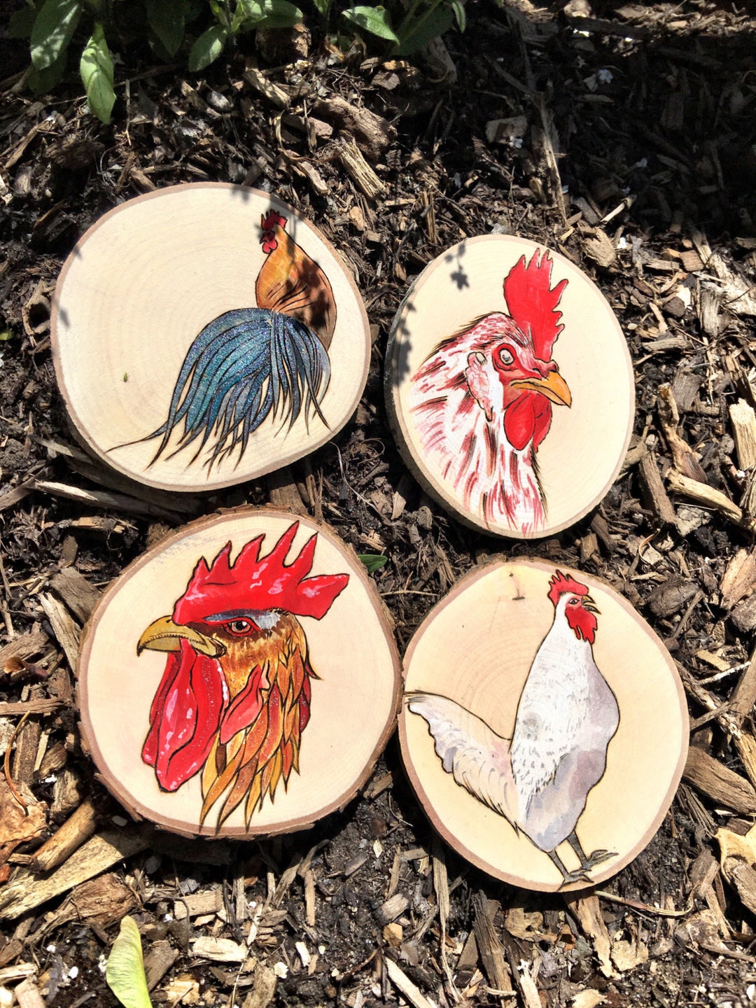 Rooster Coaster Set of 4 - Handpainted and Woodburned on Maple Tree ...