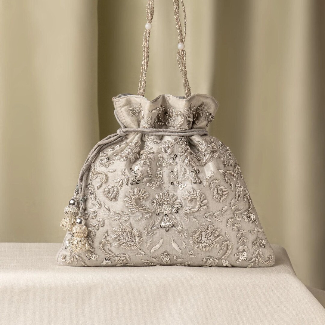 Zardozi Embroidered Silver Potli Bag: Silk Drawstring Wristlet - Etsy UK