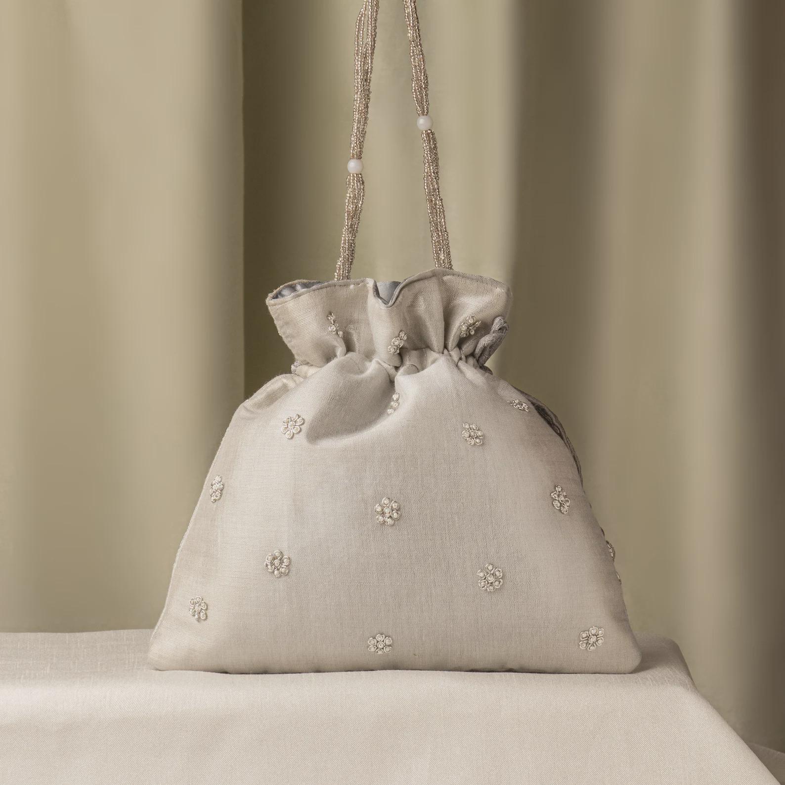 Zardozi Embroidered Silver Potli Bag: Silk Drawstring Wristlet - Etsy UK