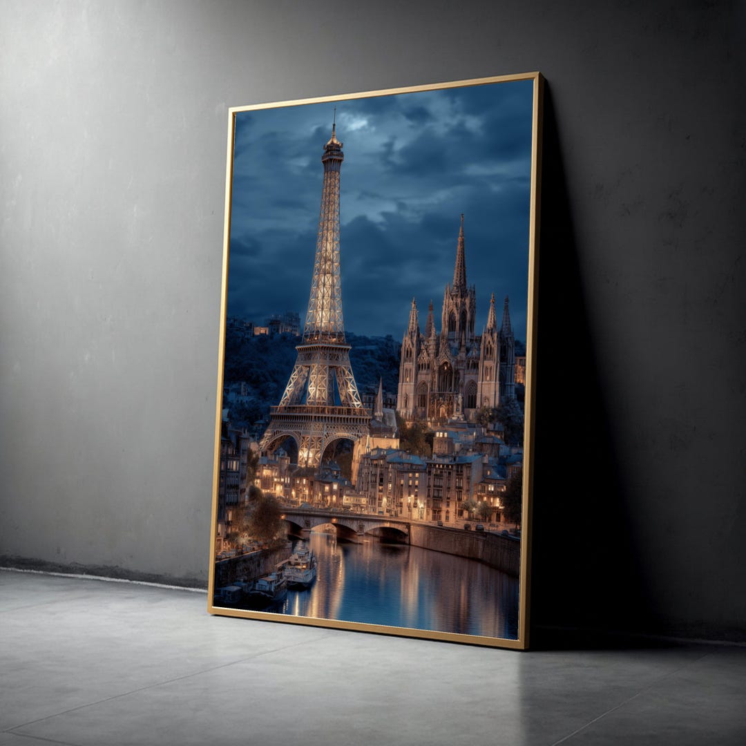 Illuminated Eiffel Tower and Gothic Cathedral Nightscape, Paris River ...