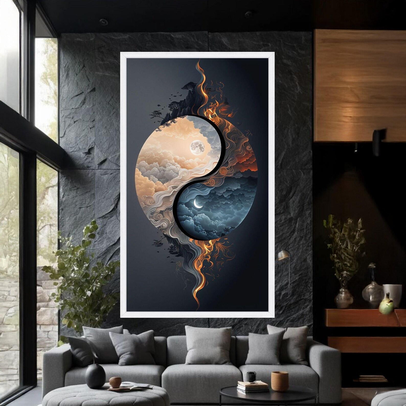 Yin Yang Moon and Fire Canvas, Day Night Clouds Wall Art, Spiritual ...