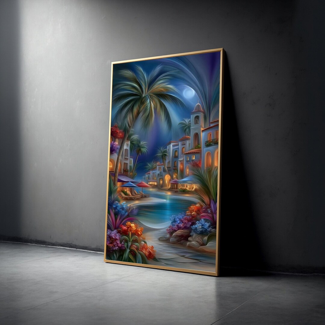 Tropical Nightscape Canvas, Palm Tree Waterfront Wall Art, Moonlit ...