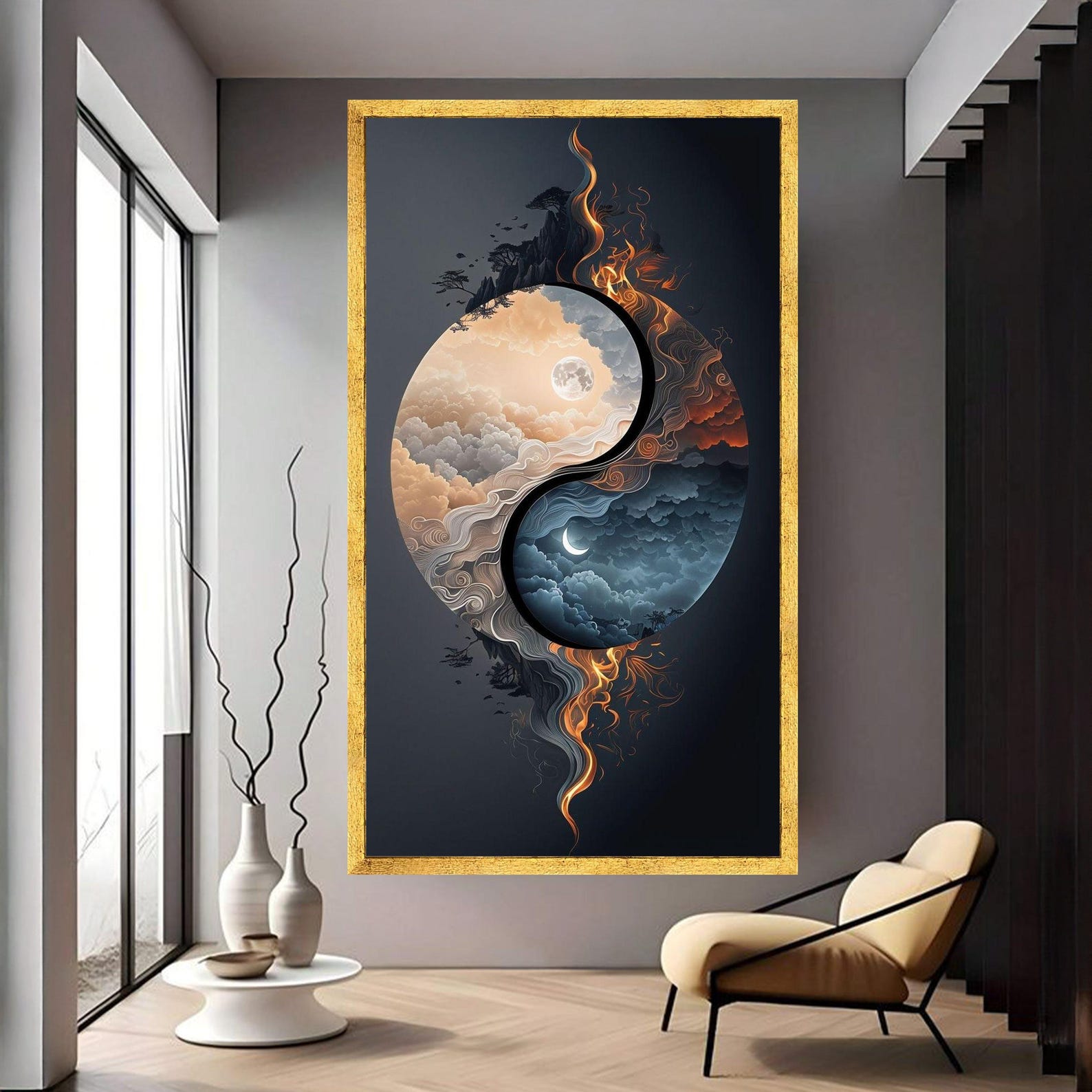 Yin Yang Moon and Fire Canvas, Day Night Clouds Wall Art, Spiritual ...