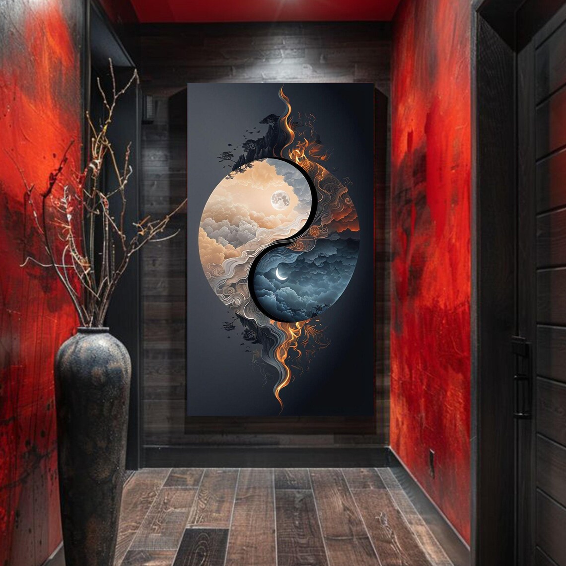 Yin Yang Moon and Fire Canvas, Day Night Clouds Wall Art, Spiritual ...