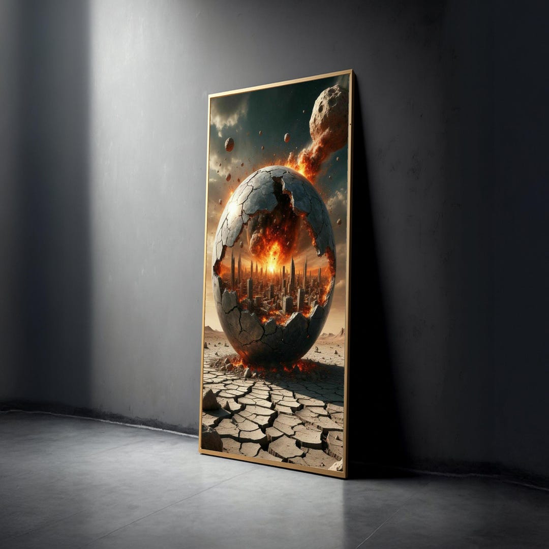 Apocalyptic City Inside Cracked Sphere Canvas, Fiery Destruction Wall ...