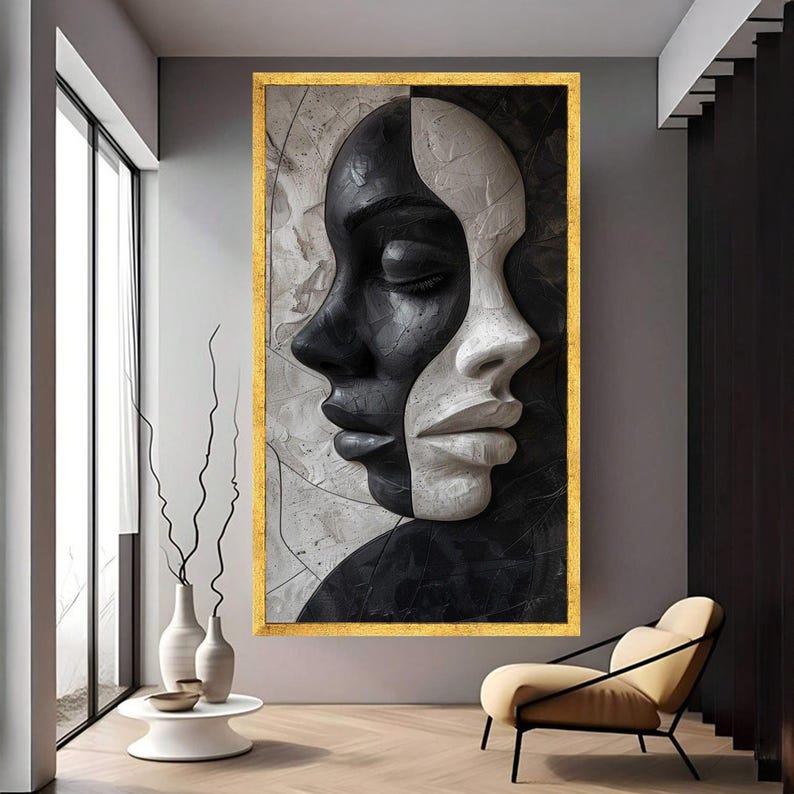 Dual Tone Faces Canvas Wall Art, Abstract Black and White Portrait ...