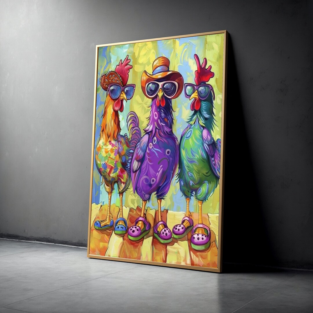 Funky Rooster Trio Canvas Wall Art, Colorful Chickens With Sunglasses ...