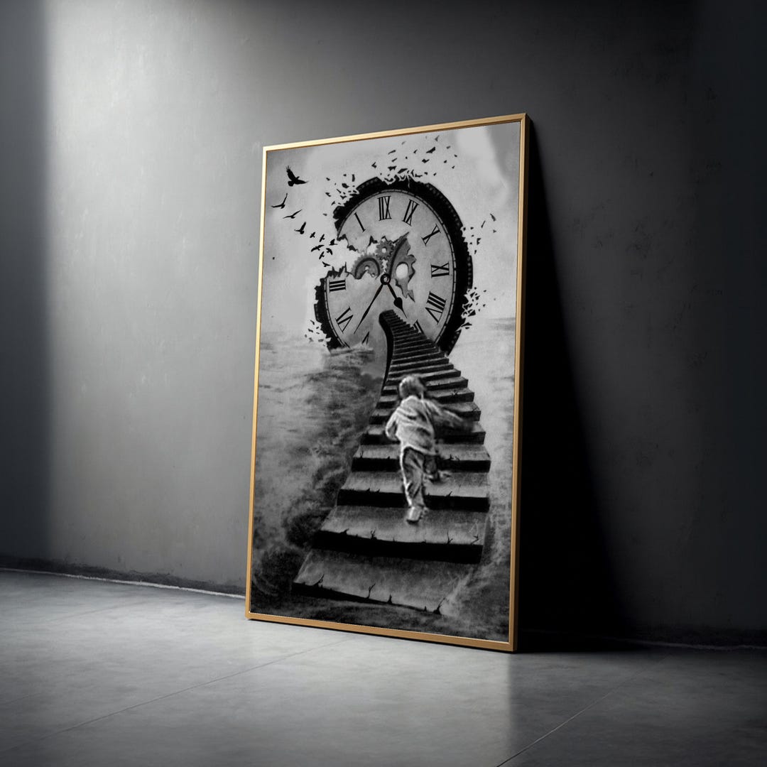 Surreal Time Staircase Canvas, Child Running Wall Art, Abstract Clock ...