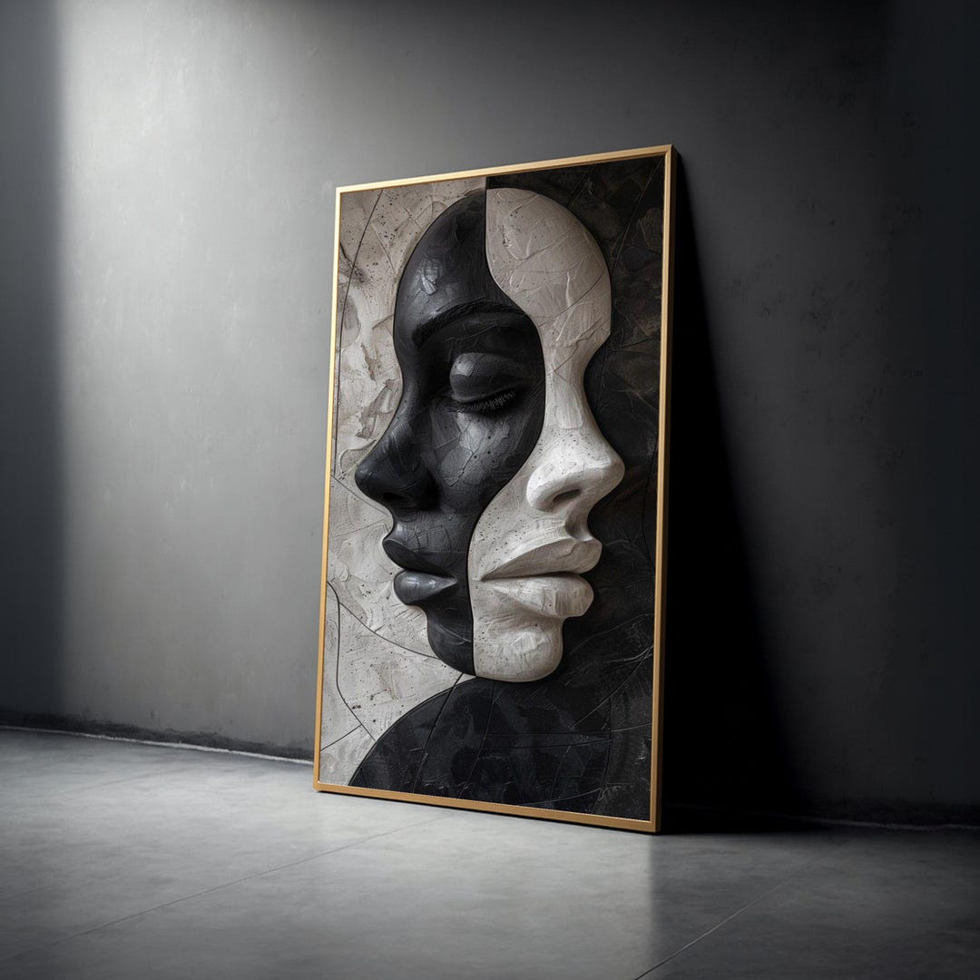 Dual Tone Faces Canvas Wall Art, Abstract Black and White Portrait ...