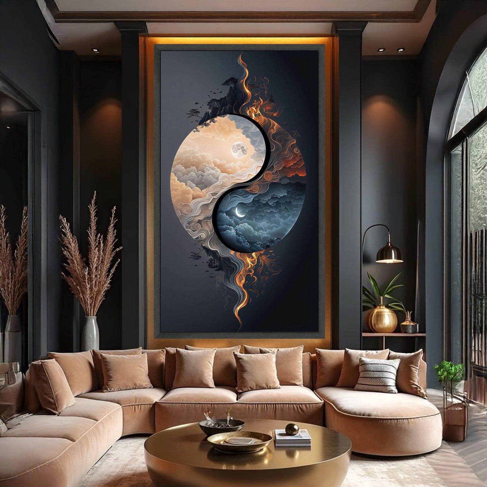 Yin Yang Moon and Fire Canvas, Day Night Clouds Wall Art, Spiritual ...