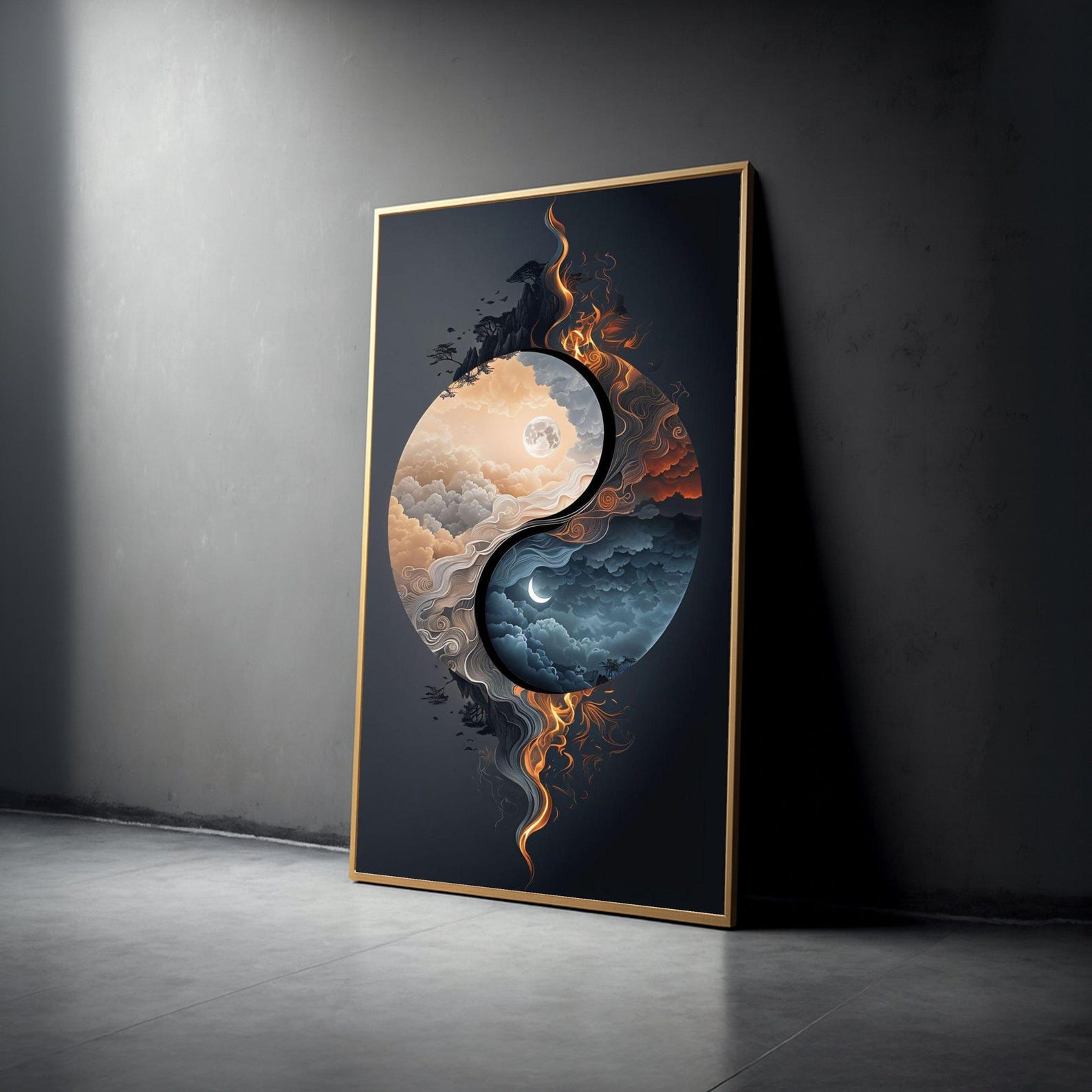 Yin Yang Moon and Fire Canvas, Day Night Clouds Wall Art, Spiritual ...