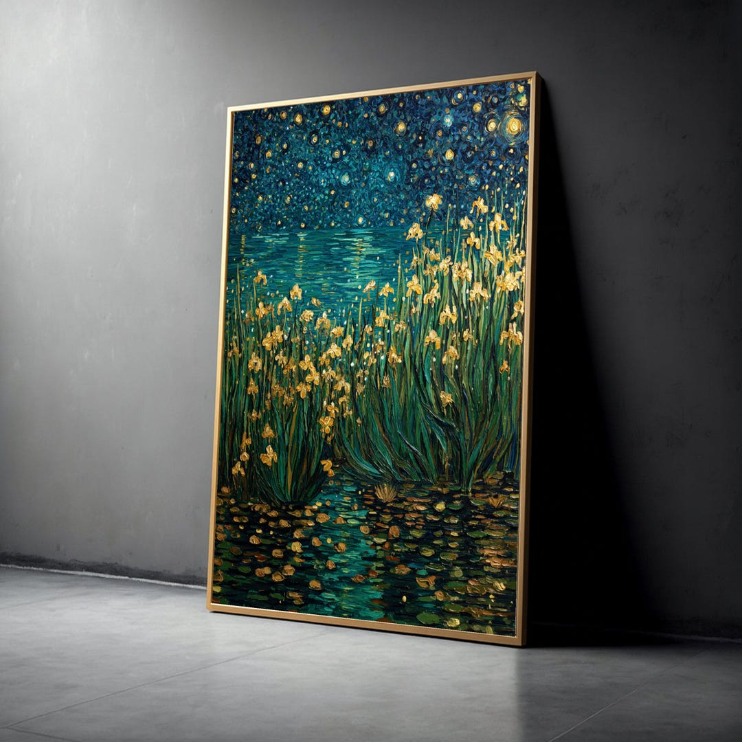 Starry Night Lake Canvas, Iris Flowers Painting, Impressionist Floral ...