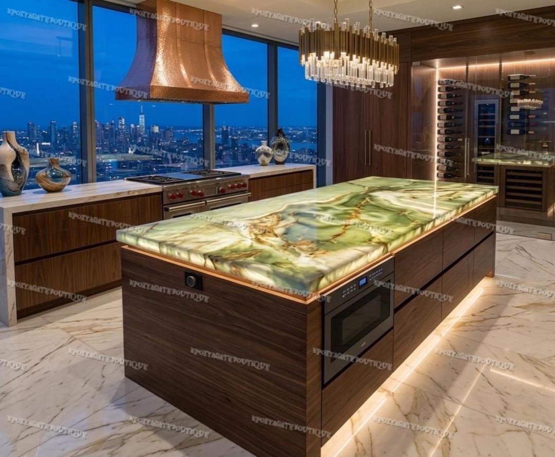 Backlit Green Onyx Countertop: Luxury Emerald Stone Bar Top, Modern ...