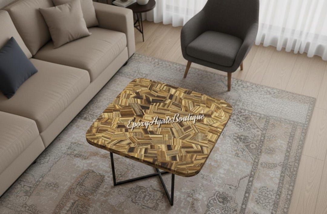 Tiger's Eye Table Top: Modern Square Gemstone Inlay, Custom Size - Etsy