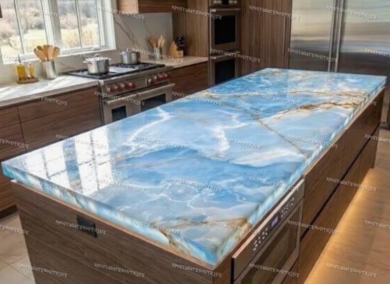 Backlit Blue Onyx Countertop: Luxury Ocean Stone Slab, Translucent Bar ...