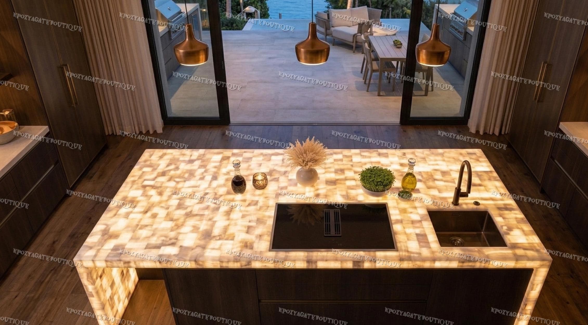 Backlit White Onyx Kitchen Island Countertop: Translucent Gemstone ...