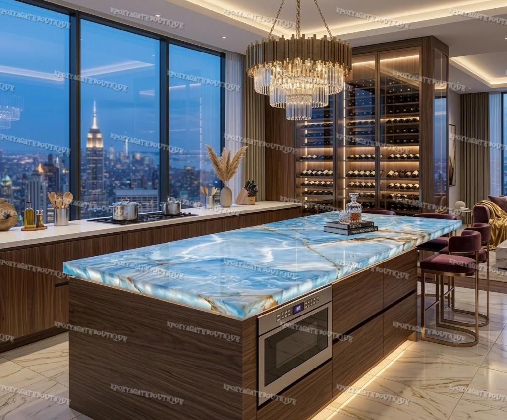 Backlit Blue Onyx Countertop: Luxury Ocean Stone Slab, Translucent Bar ...
