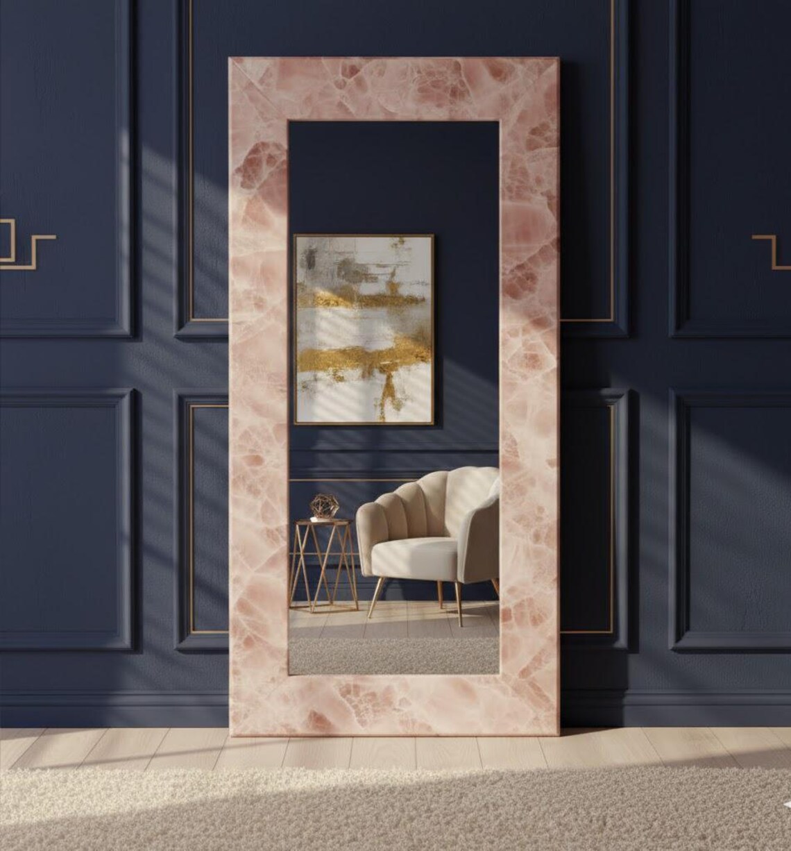 Handmade Rose Quartz Mirror: Luxury Rectangular Healing Crystal Decor ...