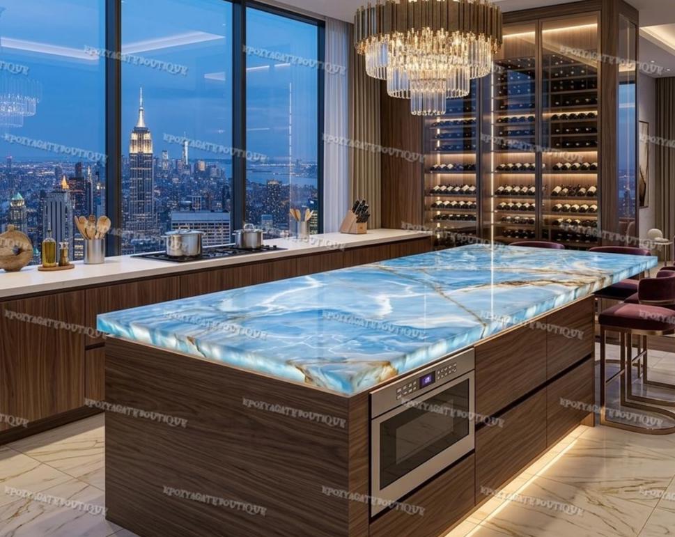 Backlit Blue Onyx Countertop: Luxury Ocean Stone Slab, Translucent Bar ...