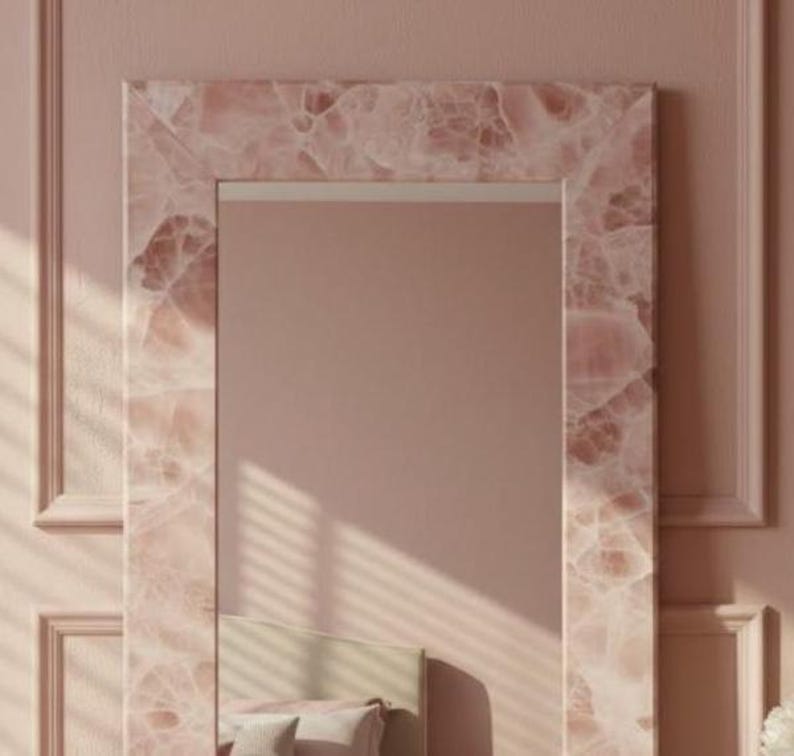 Handmade Rose Quartz Mirror: Luxury Rectangular Healing Crystal Decor ...