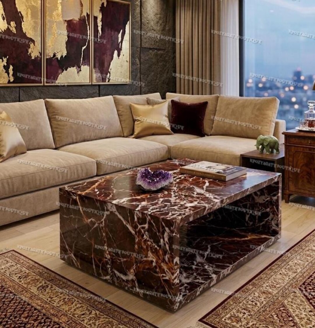 Rosso Levanto Marble Coffee Table Modern Rectangular Plinth Center ...