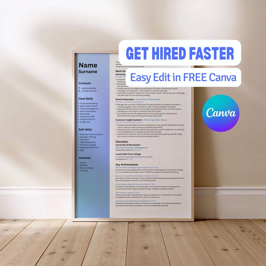 Canva CV Template Elegant Modern Smart Resume A4 - Grainy Gradient ...