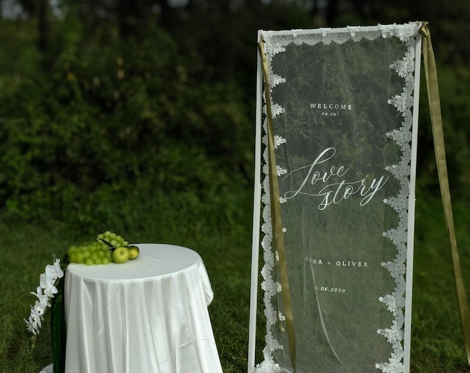 Romantic Sheer Lace Sign Wedding Welcome: Fabric Ceremony Banner With ...