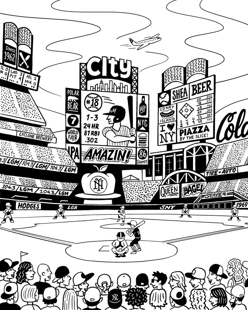 Citi Field Hand-drawn Art Print - Etsy