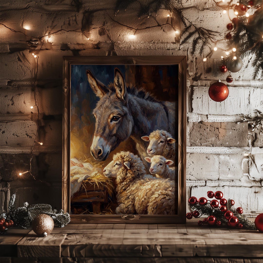 Donkey and Sheep in Manger. Holy Family Nativity. Christmas Christian ...