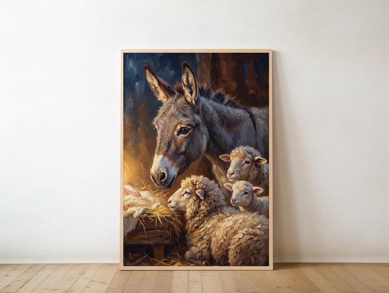 Donkey and Sheep in Manger. Holy Family Nativity. Christmas Christian ...