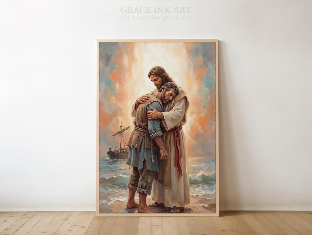 Jesus Embracing Peter by the Sea, Christian Wall Decor. Digital Print ...