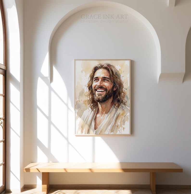 Smiling Jesus Portrait. Happy Jesus Christ. Christian Wall Art. Jesus ...