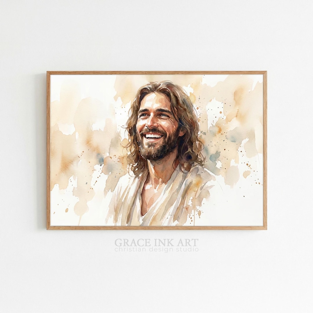 Smiling Jesus Portrait. Happy Jesus Christ. Christian Wall Art. Jesus ...