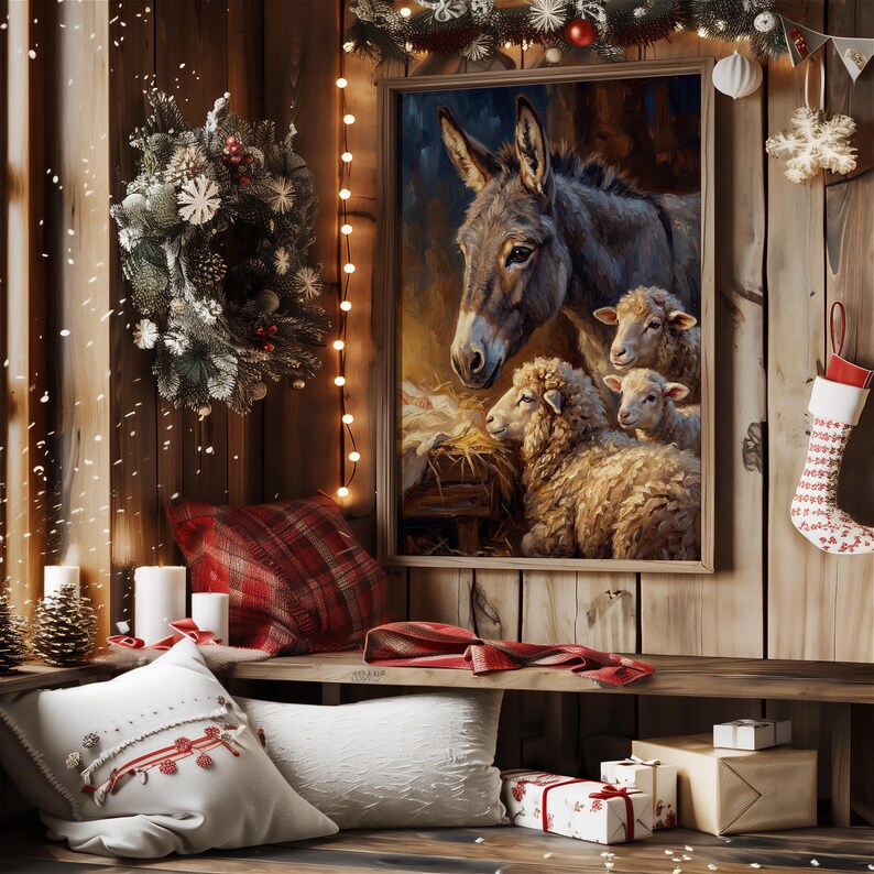Donkey and Sheep in Manger. Holy Family Nativity. Christmas Christian ...