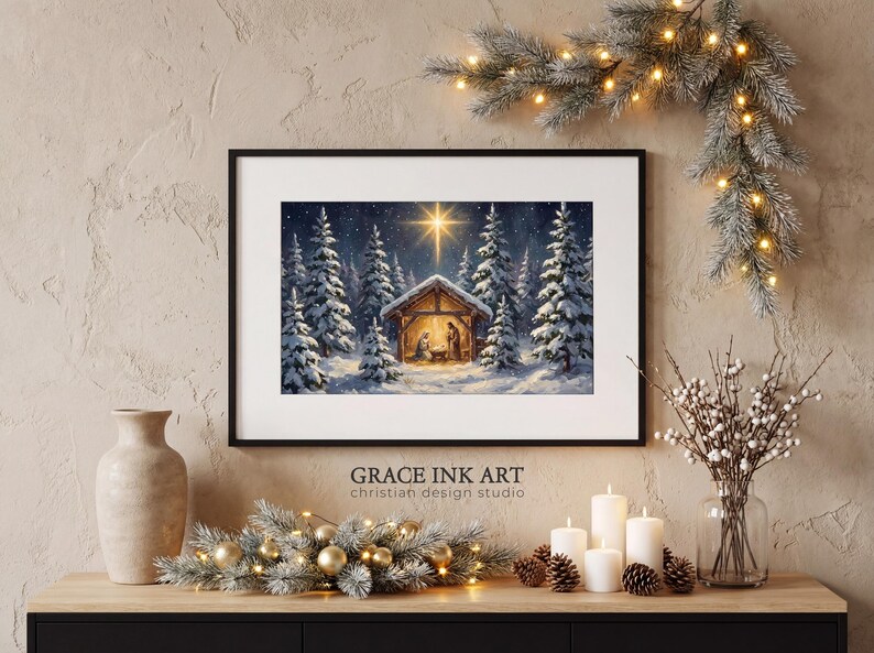 Nativity Scene Digital Art. Winter Holy Family. Christian Digital Wall ...