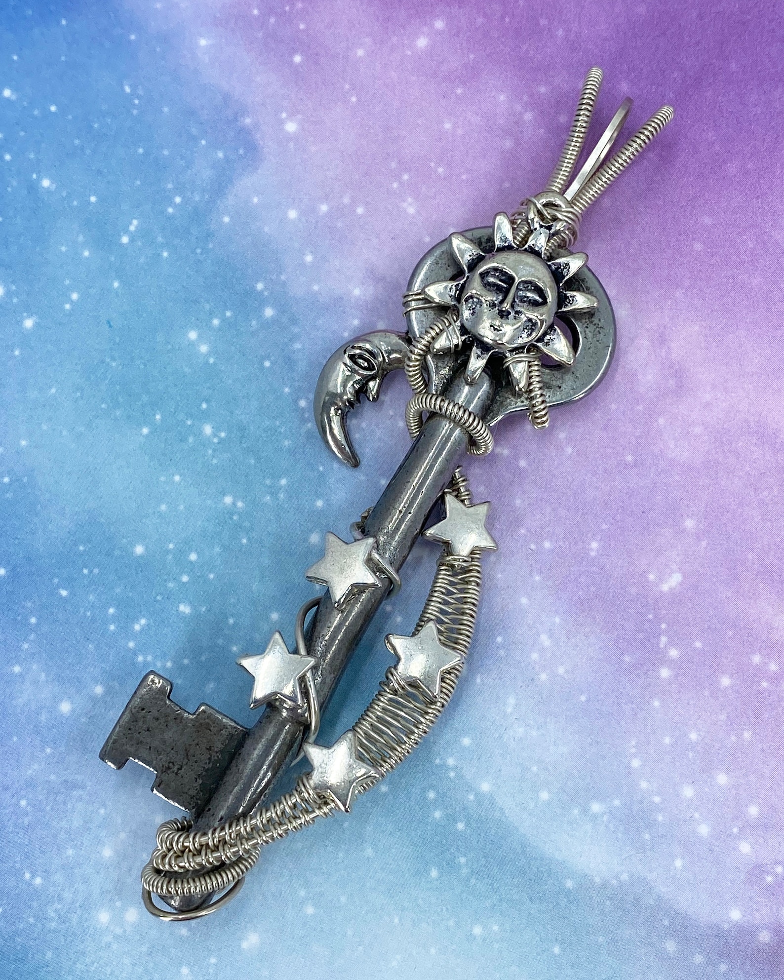 Celestial Skeleton Key Necklace, Sun Moon and Stars Antique Wire ...