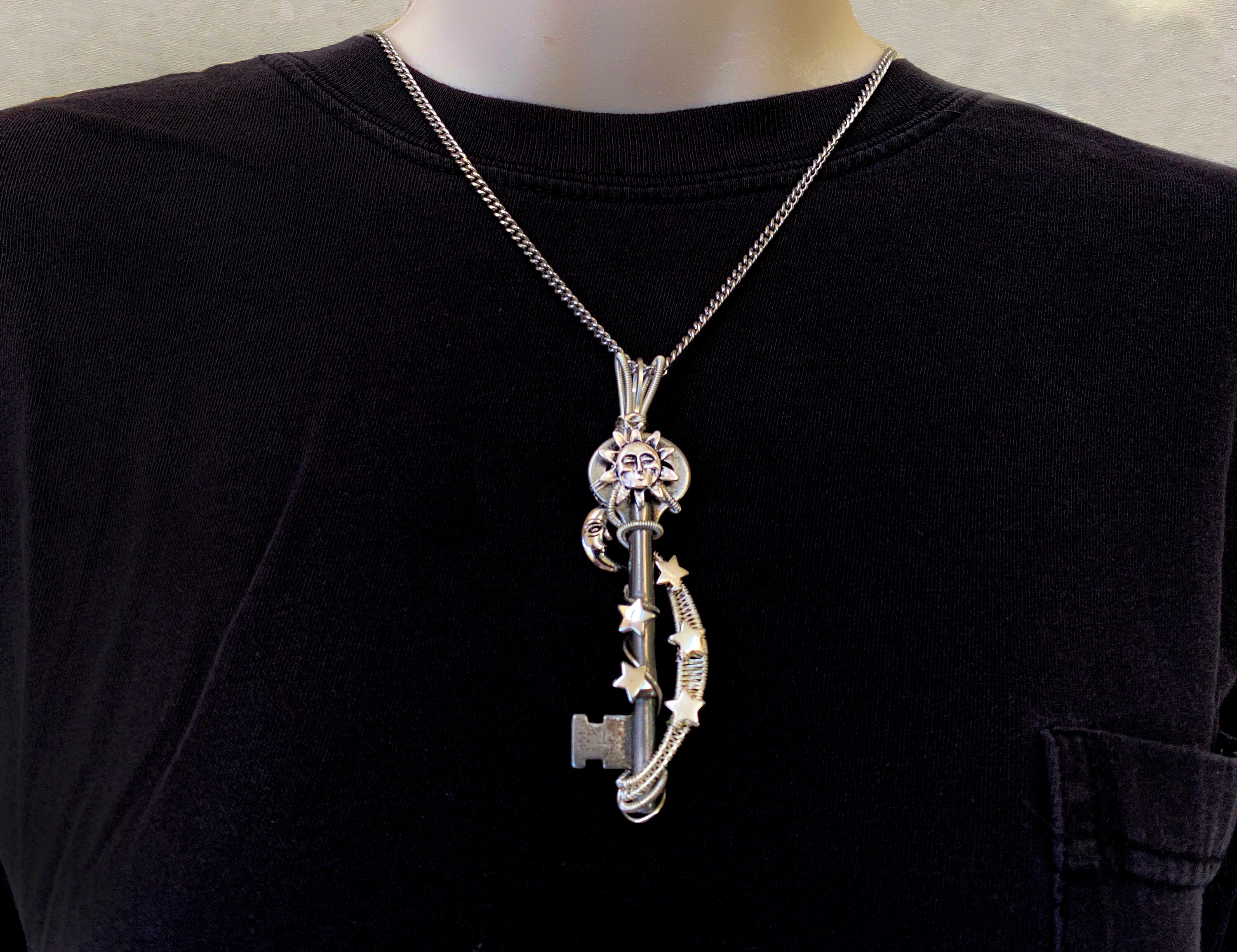 Celestial Skeleton Key Necklace, Sun Moon and Stars Antique Wire ...