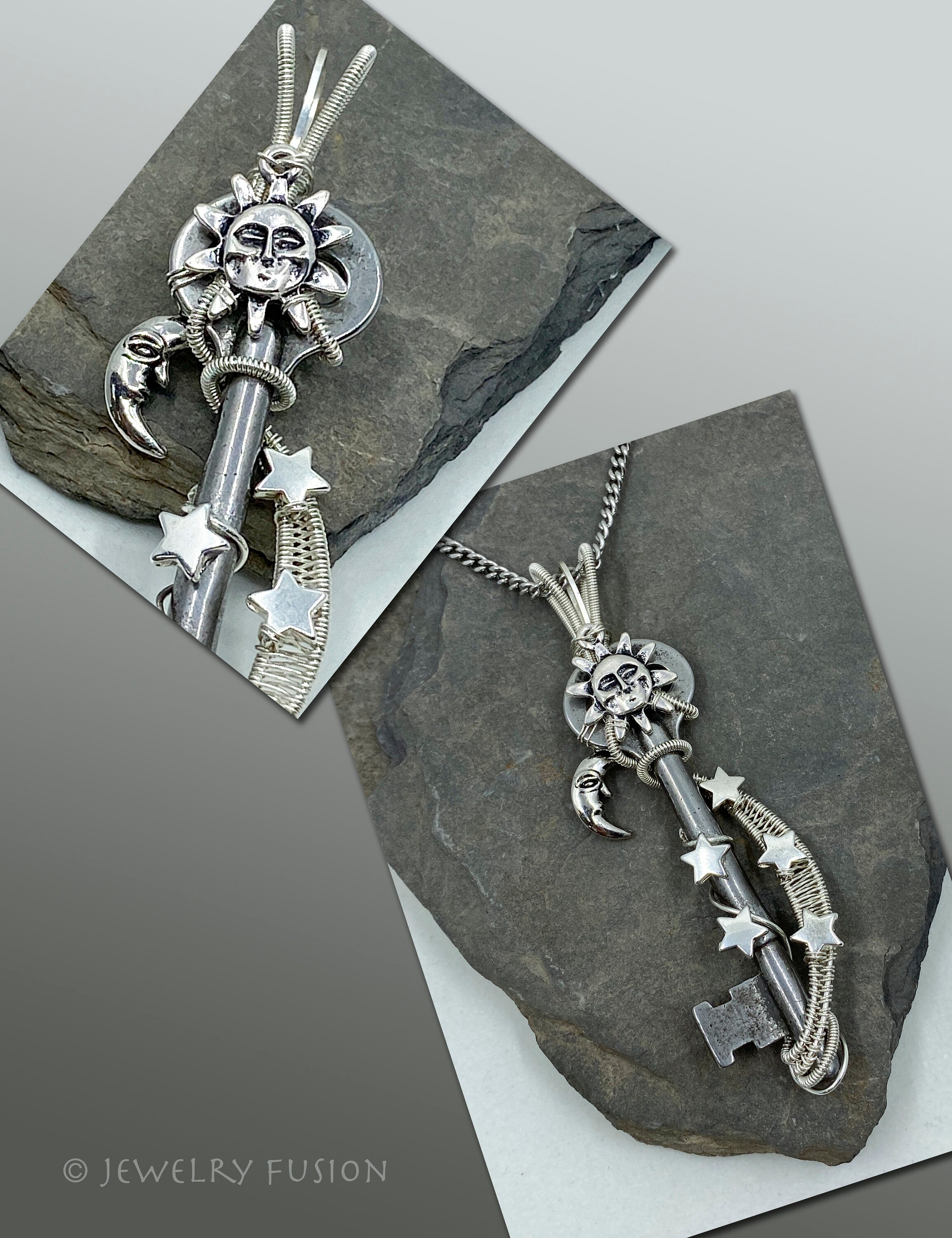 Celestial Skeleton Key Necklace, Sun Moon and Stars Antique Wire ...